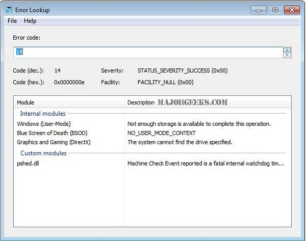 Windows error code descriptions at your fingertips with Error Lookup - MajorGeeks